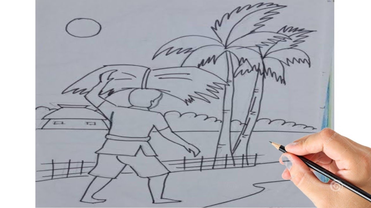 How To Draw Village Scenery With Human Figure. Drawing For Beginners ...