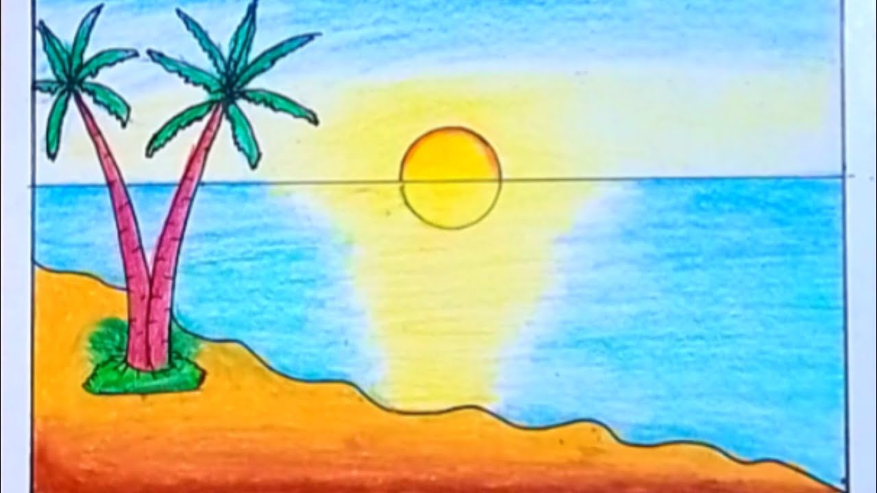 How to Draw Scenery of Sea Beach step by step || Easy Pencil Drawing ...