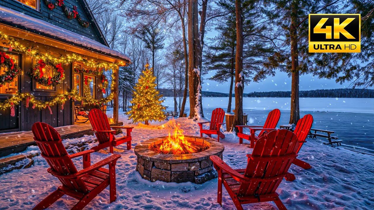 Cozy Christmas Cabin by a Serene Lake, Heavy Snow Falling and Crackling ...