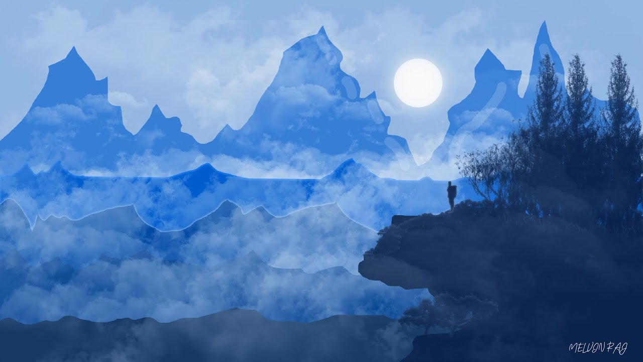 Monochromatic landscape art.The full process from start to finish in ...