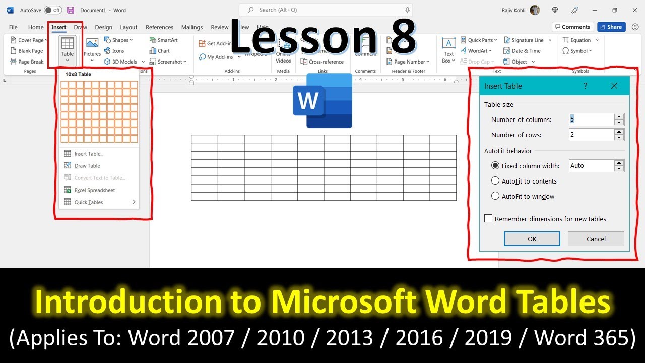 Introduction To Working With Tables In Microsoft Word Tutorial For Introduction To Working With Tables In Microsoft Word Tutorial For