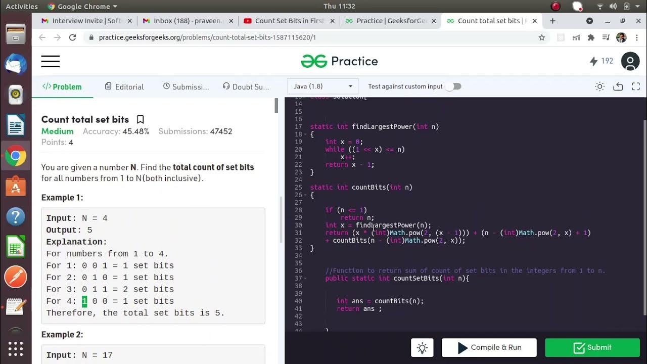 Day 9 Problem | Count total set bits | 100 Days of Code Challenge | GeeksforGeeks - YouTube