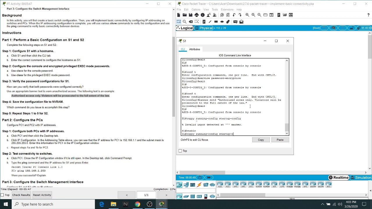 2.7.6 - Packet Tracer - Implement Basic Connectivity - YouTube