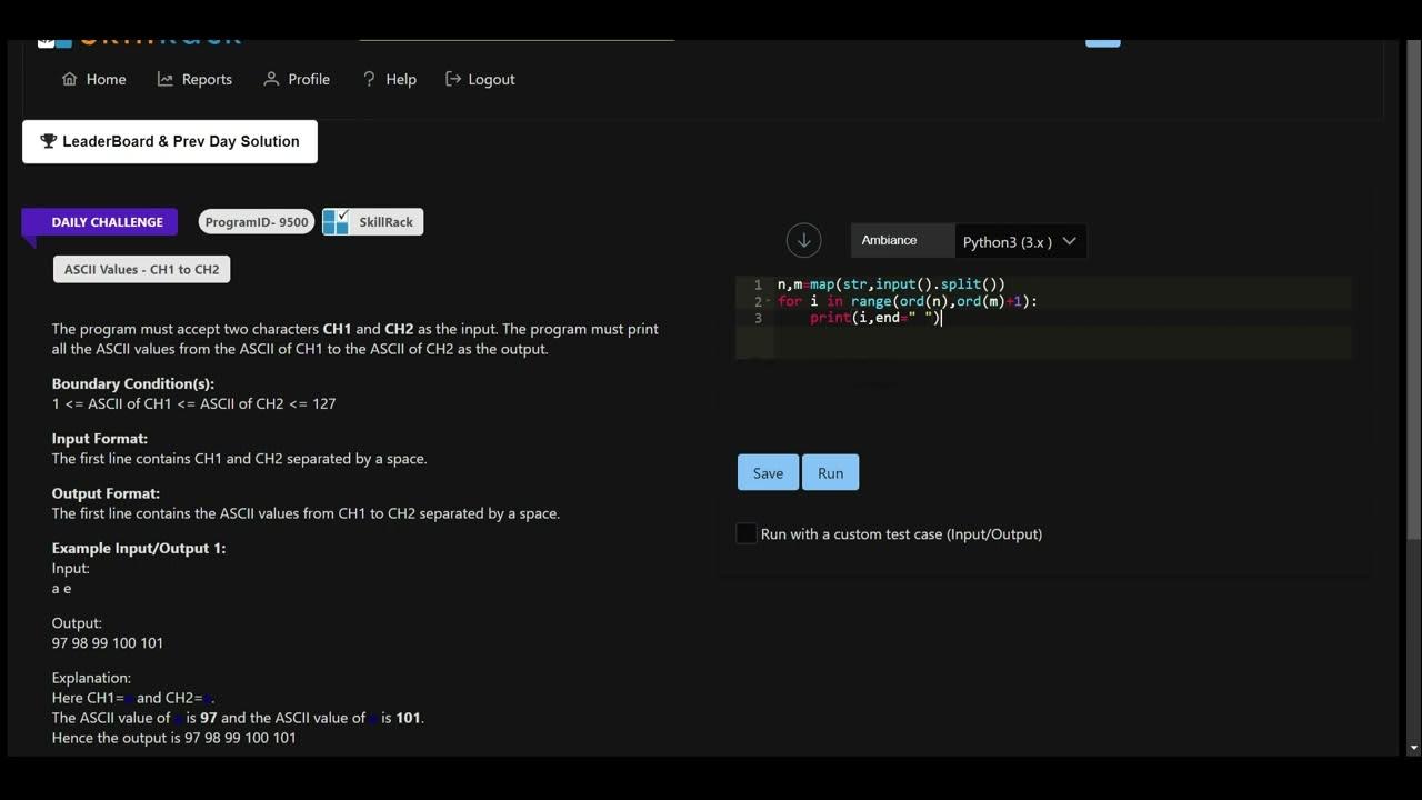 SKILLRACK | DAILY CHALLENGE || 24/10/2023 || ASCII VLAUES - CH1 TO CH2 ||PROGRAM ID 9500 ...