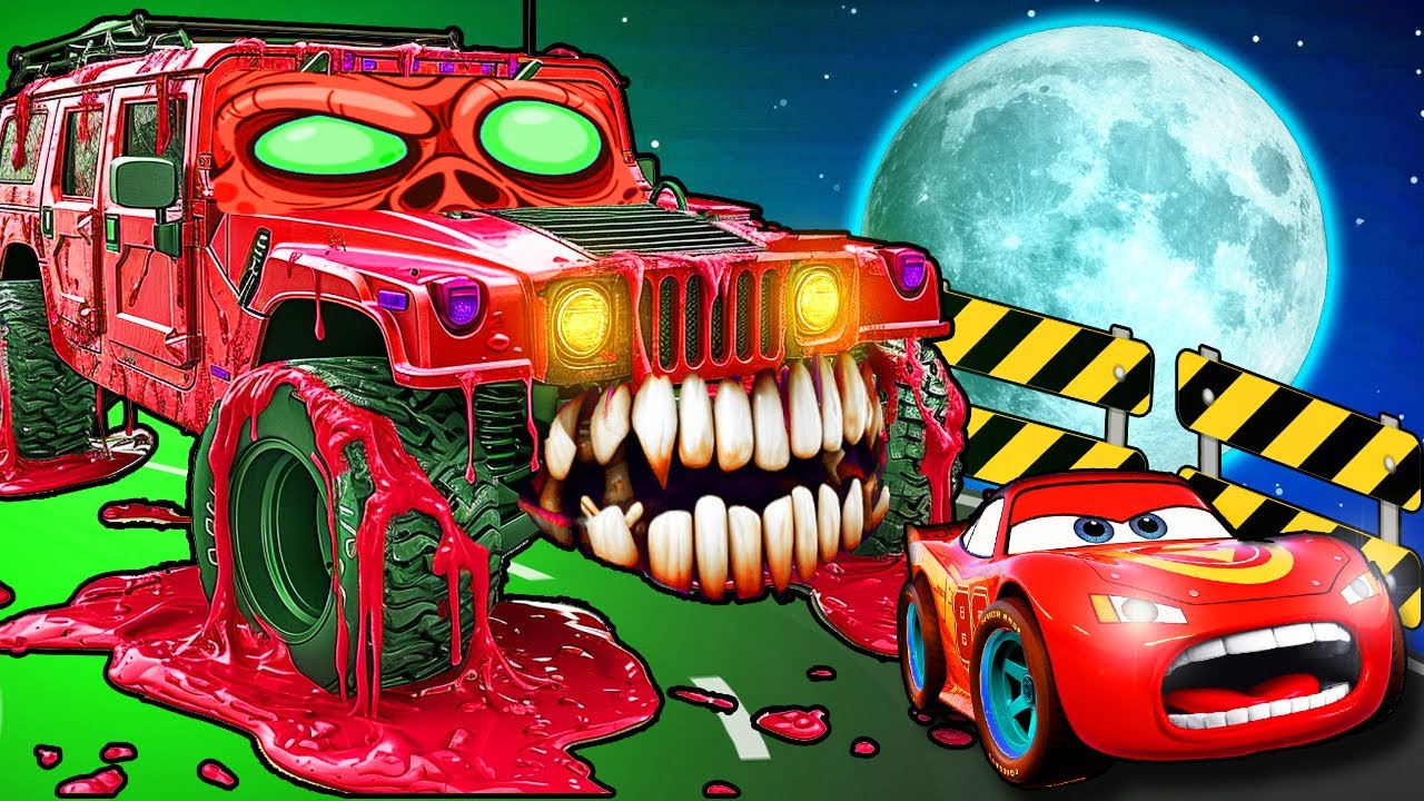 😱Horror Story | HUGE RED SLIME HUMMER ZOMBIE 🆚 McQueen😱| Flatbed ...