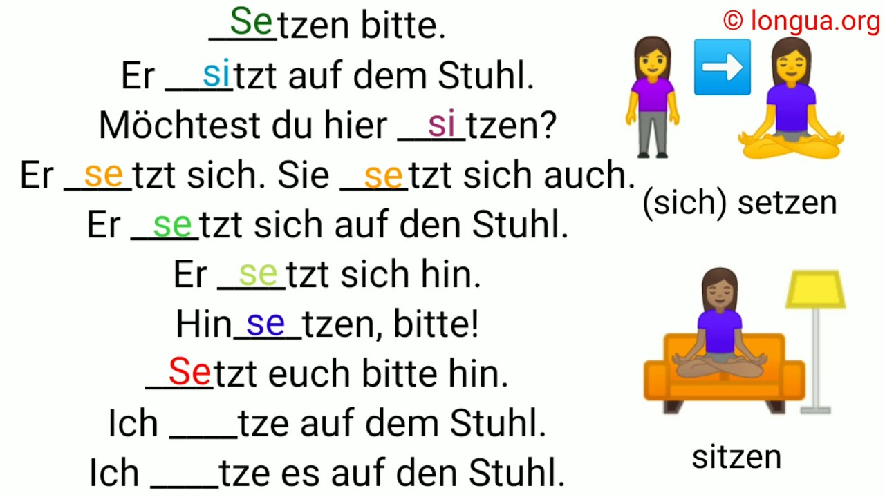 setzen, sitzen, sich hinsetzen, Verb, sitzt, saß, ist hat gesessen ...