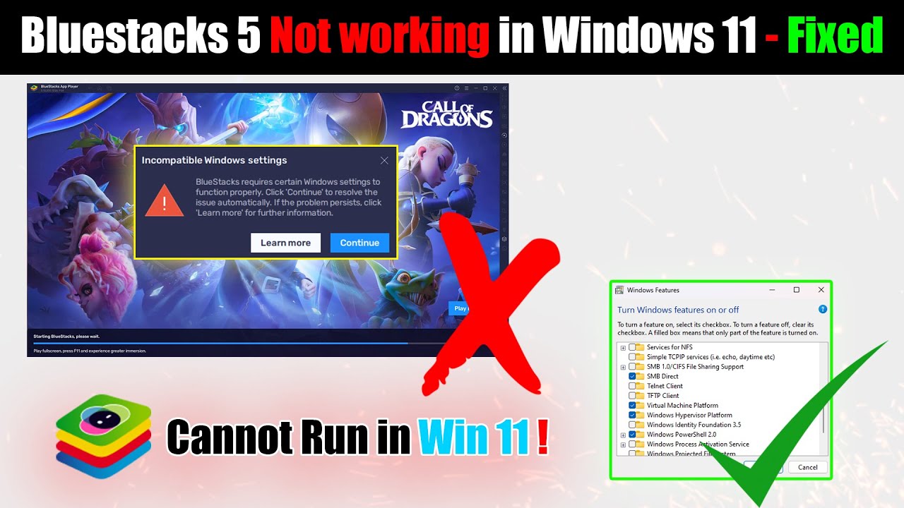 How to fix "Incompatible windows settings" of Bluestacks 5 in Windows ...