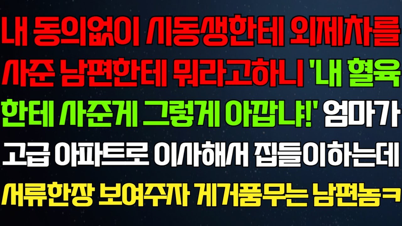 반전 신청사연 내 동의없이 시동생 외제차 사준 남편 엄마가 고급아파트로 이사후 집들이하는데 서류를 본 남편 기함하는데라디오드라마사연실화사연의 품격썰 Youtube