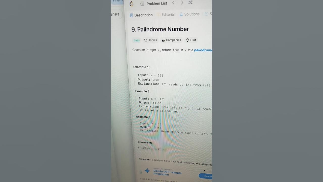 Palindrome Number Leetcode 9 Easy Code for Placement @codeforplacement - YouTube