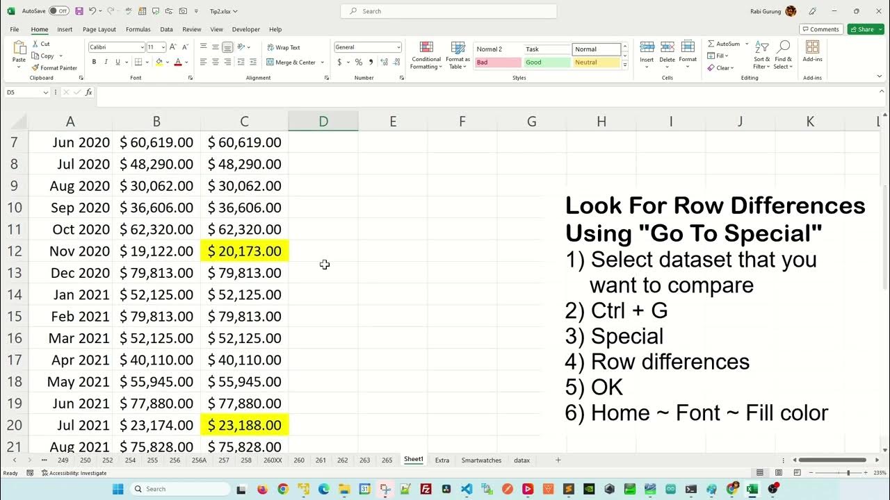 How do I compare two sets of data in Excel for differences? - Excel Tips and Tricks - YouTube