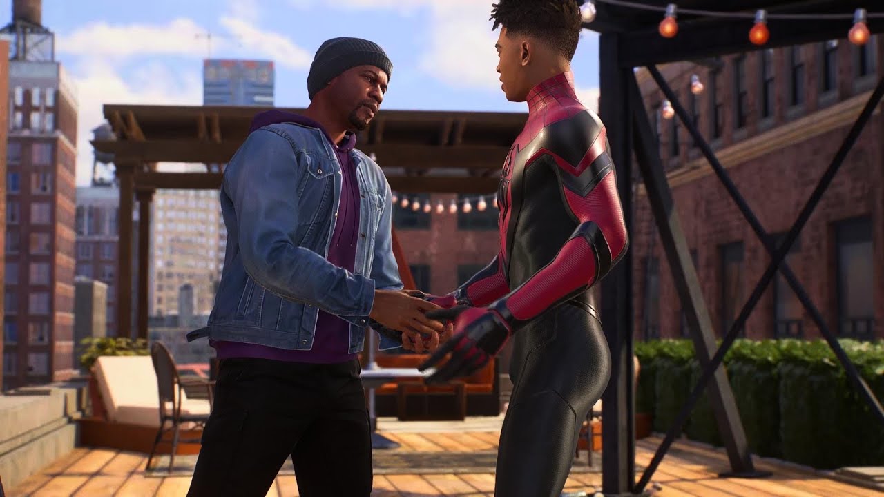Miles Talks To Uncle Aaron With The Red And Black Classic Suit - Spider ...