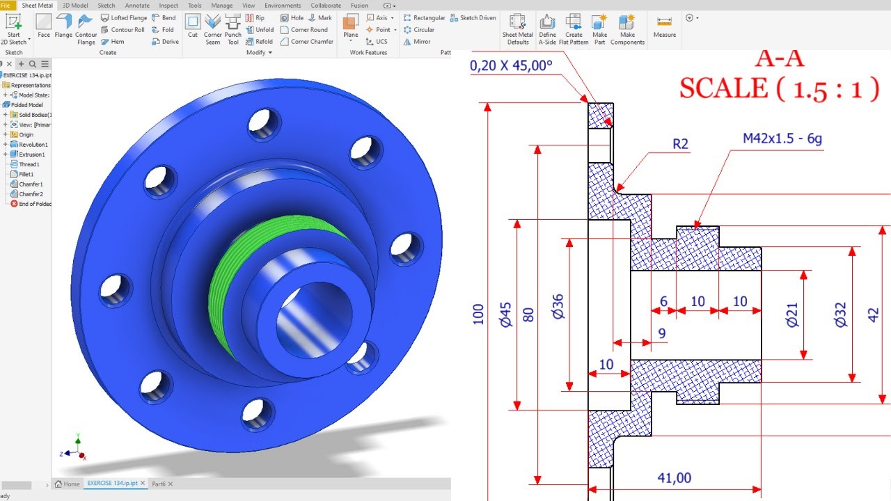 Autodesk Inventor Create Mechanical part EXERCISE 134 - YouTube