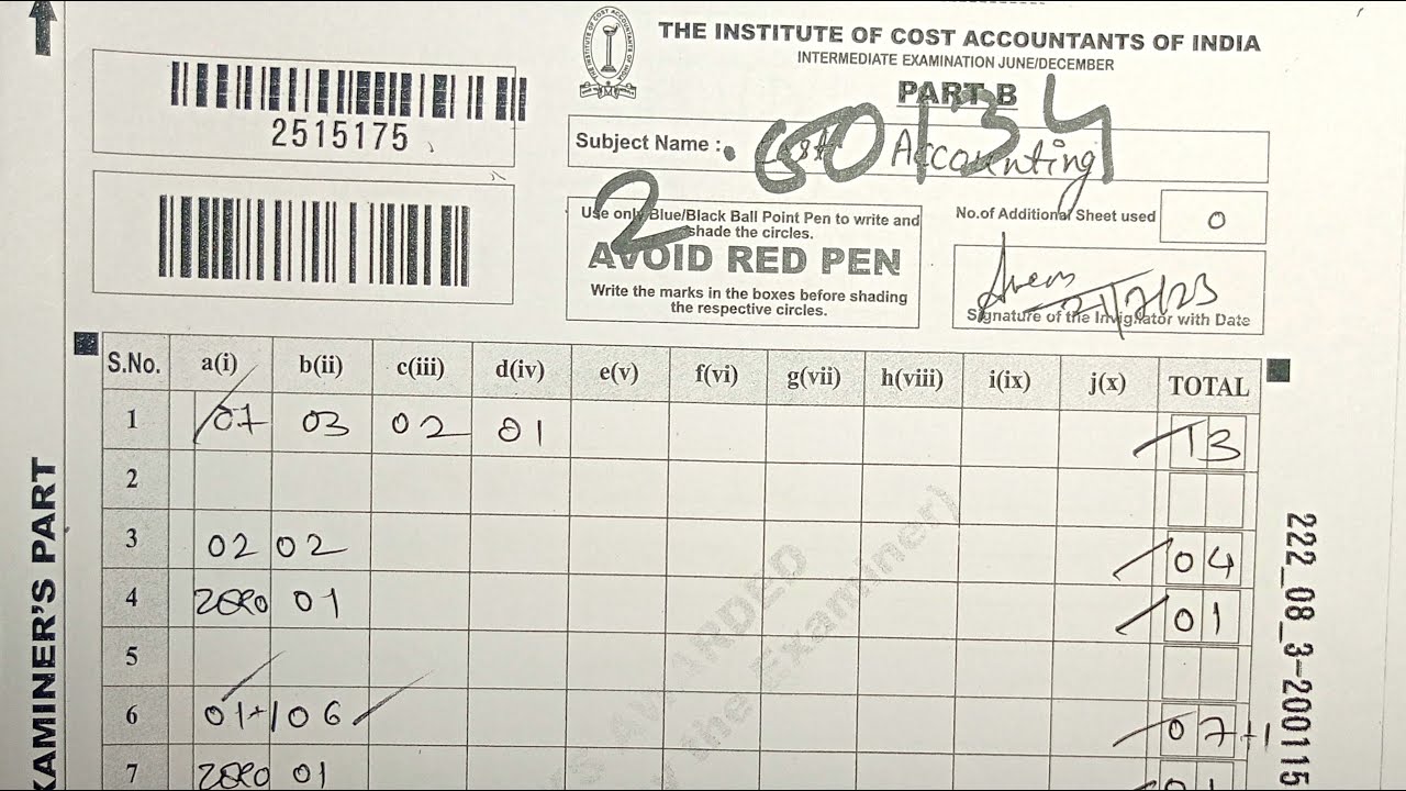 Certified Copies of Answer Sheet | Cost Accounting | CMA INTER | June ...