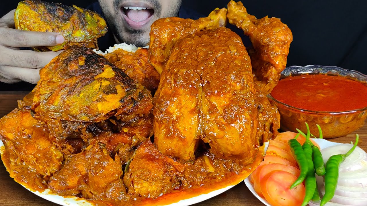 EATING SPICY WHOLE CHICKEN CURRY, FISH HEAD AND FISH MASALA, CHILI ...