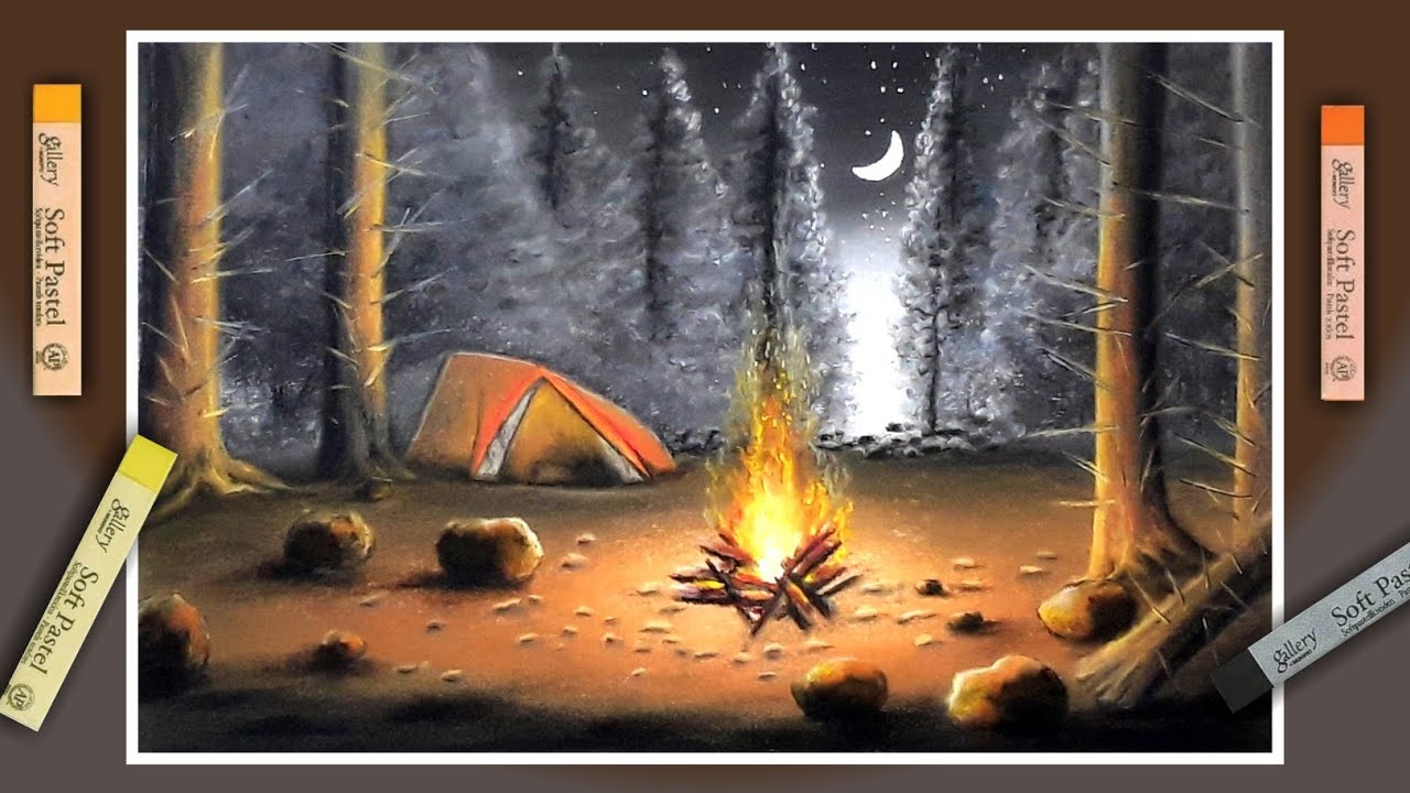Campfire forest night scenery drawing || Soft pastels for beginners ...