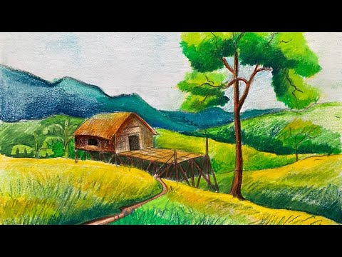 How to Draw Scenery of Jum Ghor Step By Step | Pahari Drishya | Village ...