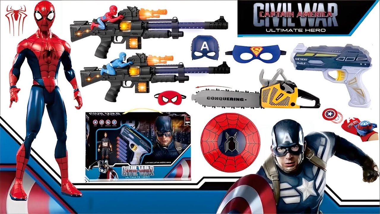 Unboxing Marvel toys, including Iron Man, Spider-Man toy gun, and ...