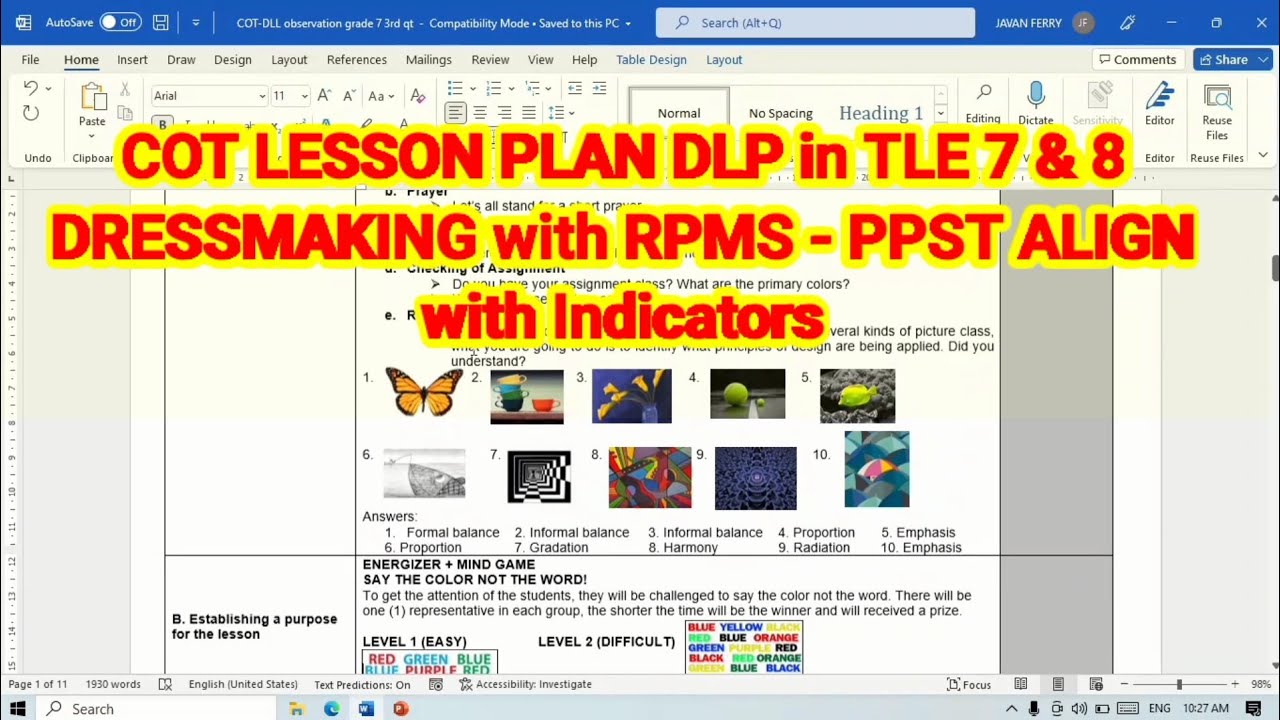 COT LESSON PLAN DLP in TLE 7 & 8 DRESSMAKING with RPMS - PPST ALIGN ...