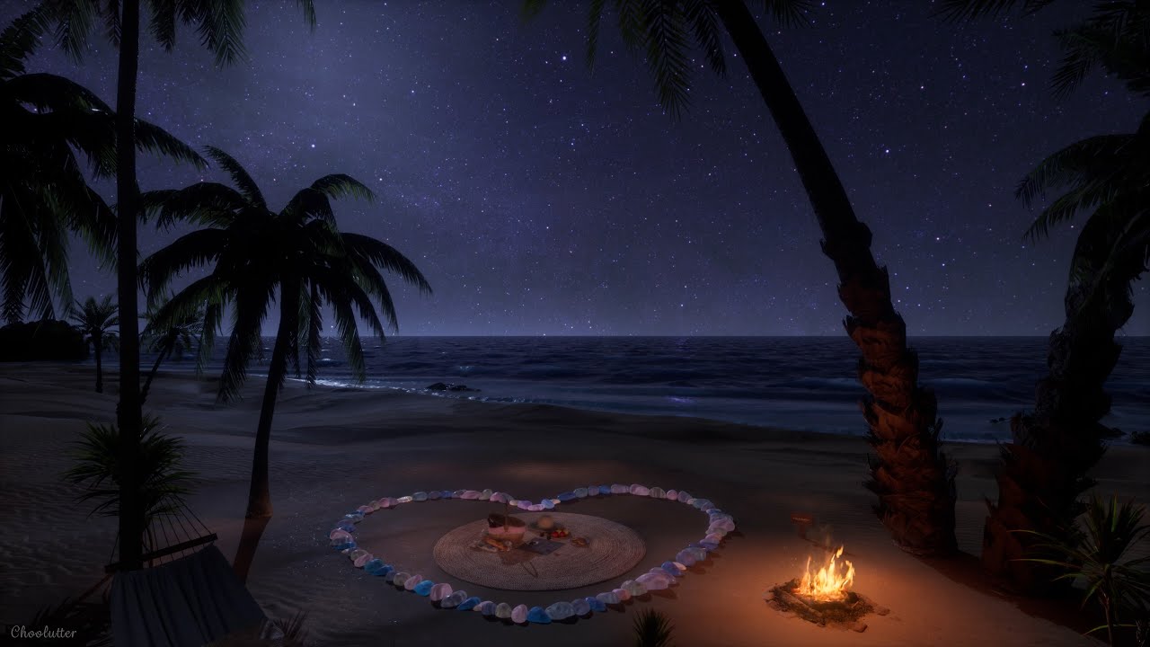 Camping On The Moonlight Beach | Crackling Fire, Gentle Wave Sounds ...
