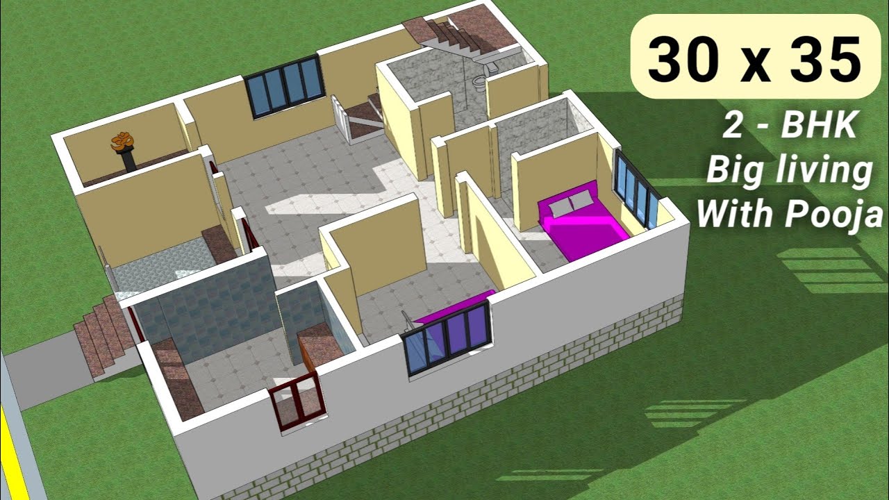 30 x 35 House design for 2bhk with 2D & 3D visualization | Spacious ...