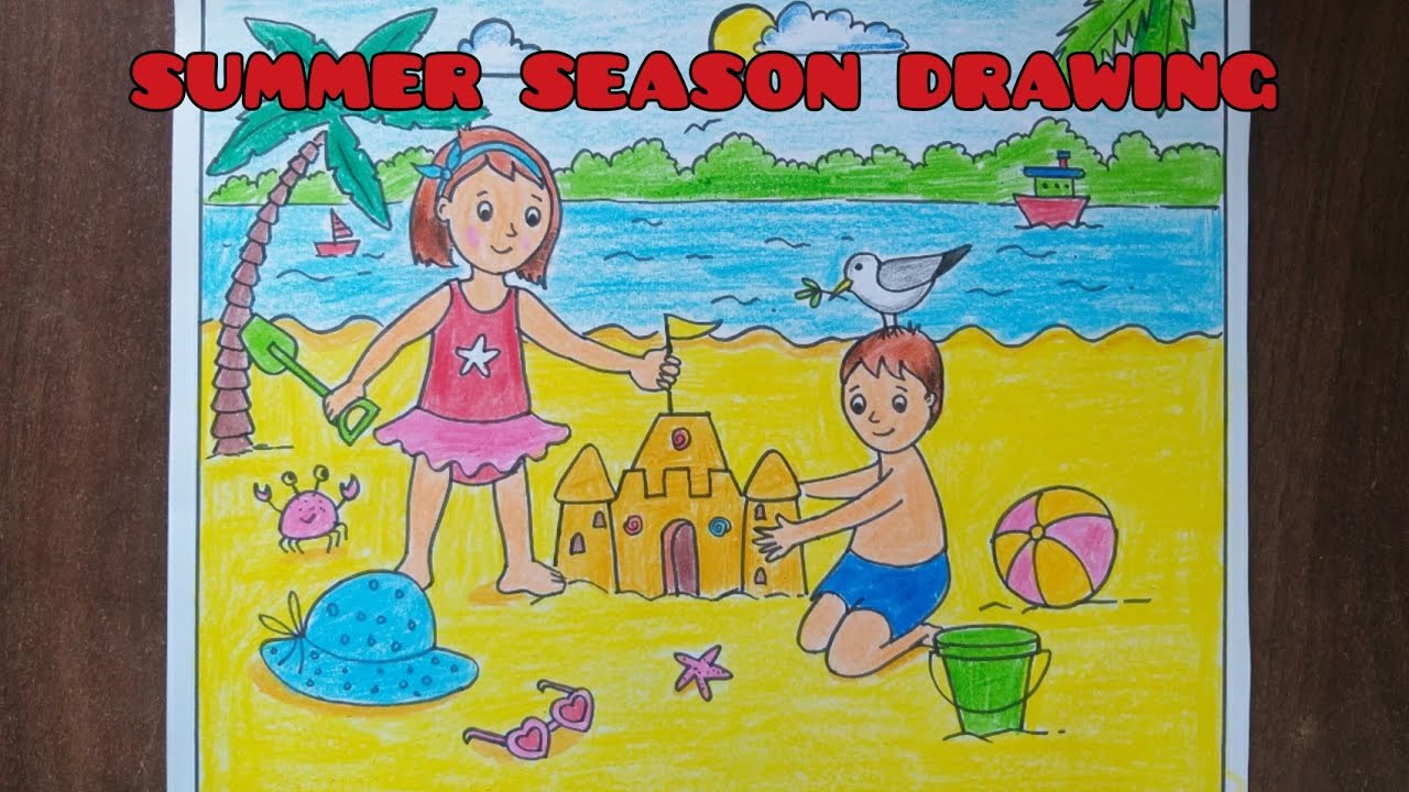 Boy and girl making a big sandcastle at beach | Summer season Drawing ...