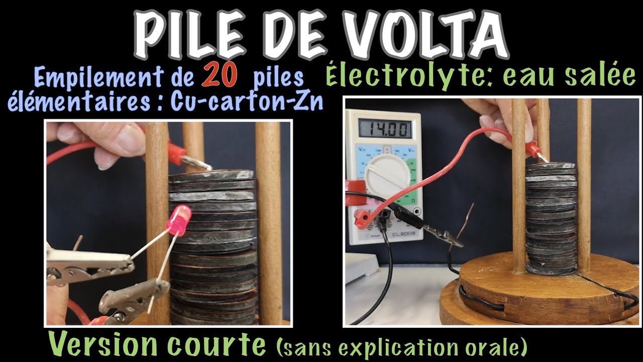 La pile de Volta-expérience. Empilement de 20 piles élémentaires: cuivre-carton avec eau salée ...