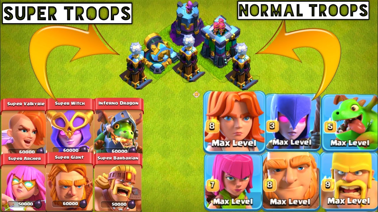NEW Super Troops VS Normal Troops On Coc||Epic Battle||Coc||Clash of ...