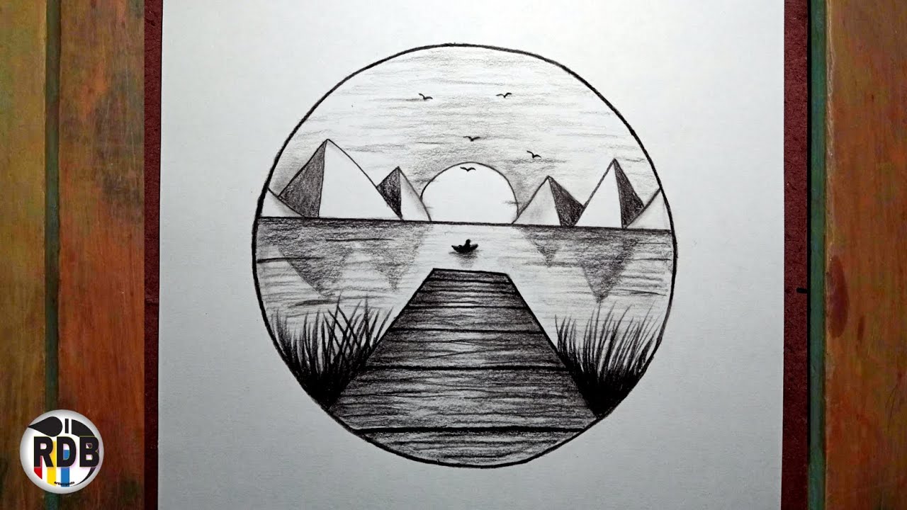 How to Draw a Sunset Nature Scene, Landscape Drawing in a Circle ...