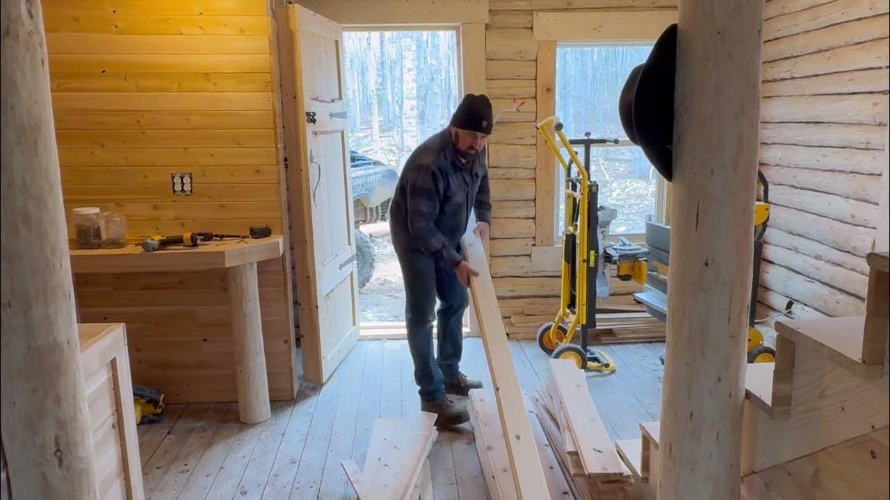 Building the inside of my off grid log cabin,woodwork, alone in the forest. - YouTube