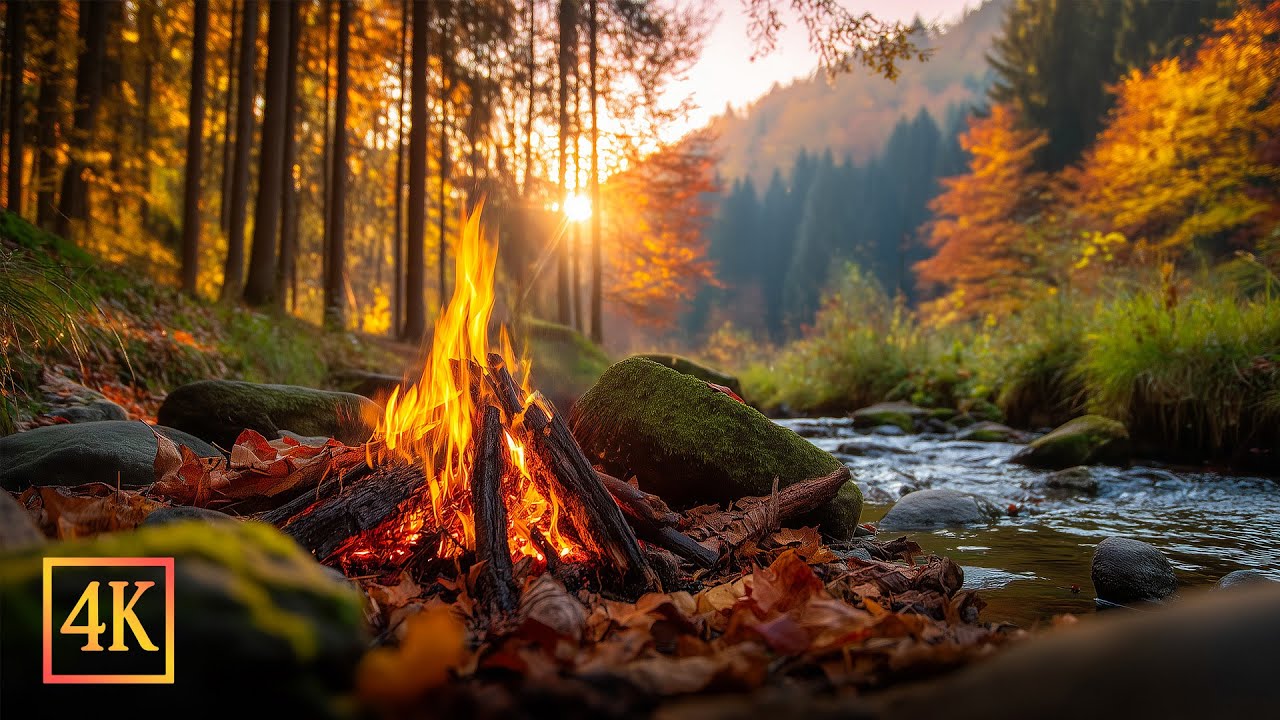 Cozy Campfire in Autumn Forest 🍁🔥 Morning Ambience by the River with ...