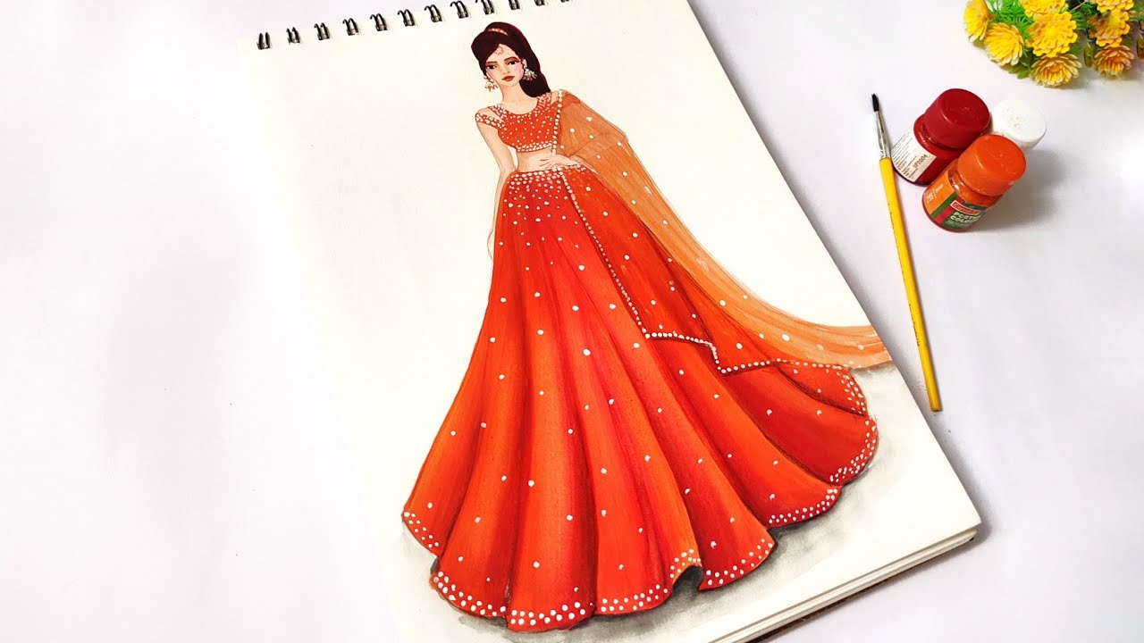 how to draw beautiful Orange Lehenge | A girl with Lehenga. - YouTube