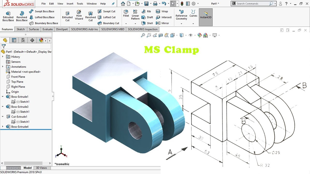 Solidworks Tutorial: Exercise #47 (MS Clamp) - YouTube