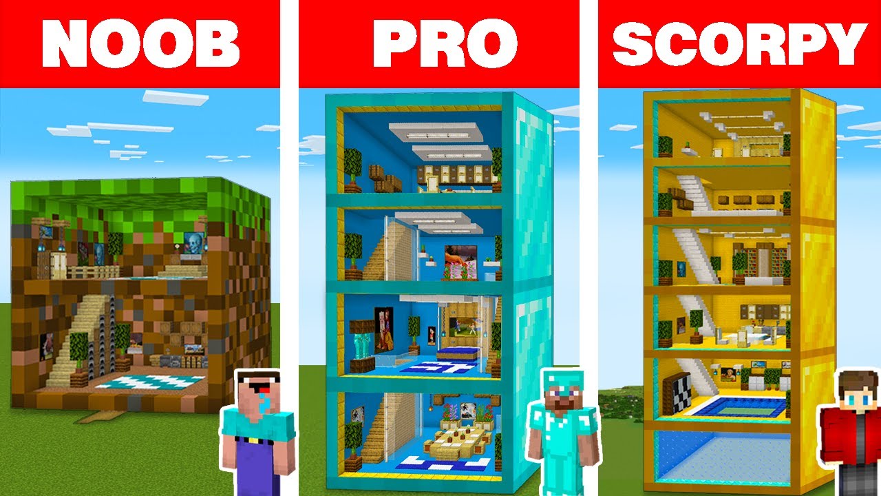 Minecraft NOOB vs PRO vs SCORPY: BLOCK HOUSE BUILD CHALLENGE in ...