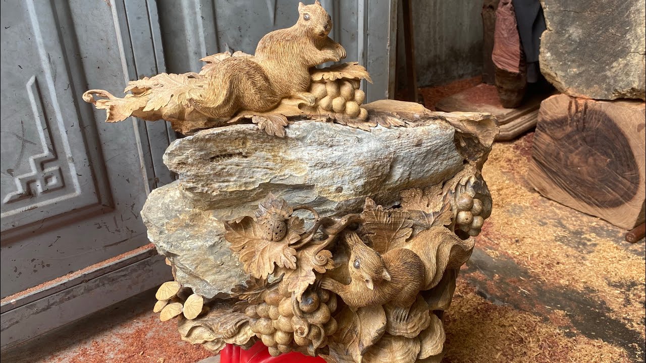 Amazing Wood Carving | Wood Hugging Natural Stone | Carving Squirrels ...