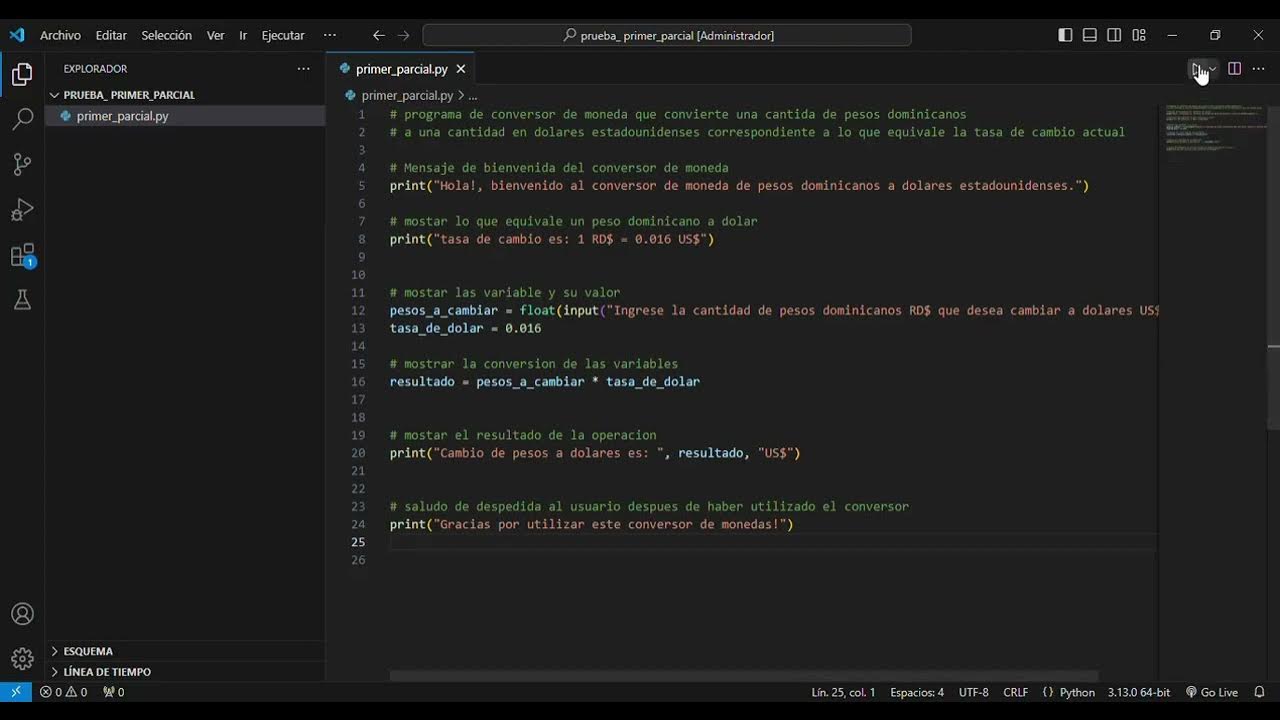 Como crear un programa de conversor de monedas de RD$ a US$ en visual studio code, lenguaje ...