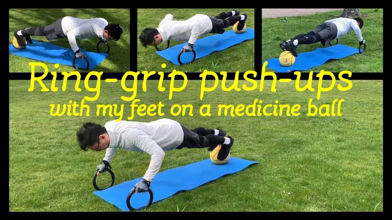 Advanced core workout- Olympic ring-grip push-ups - with feet on a ...