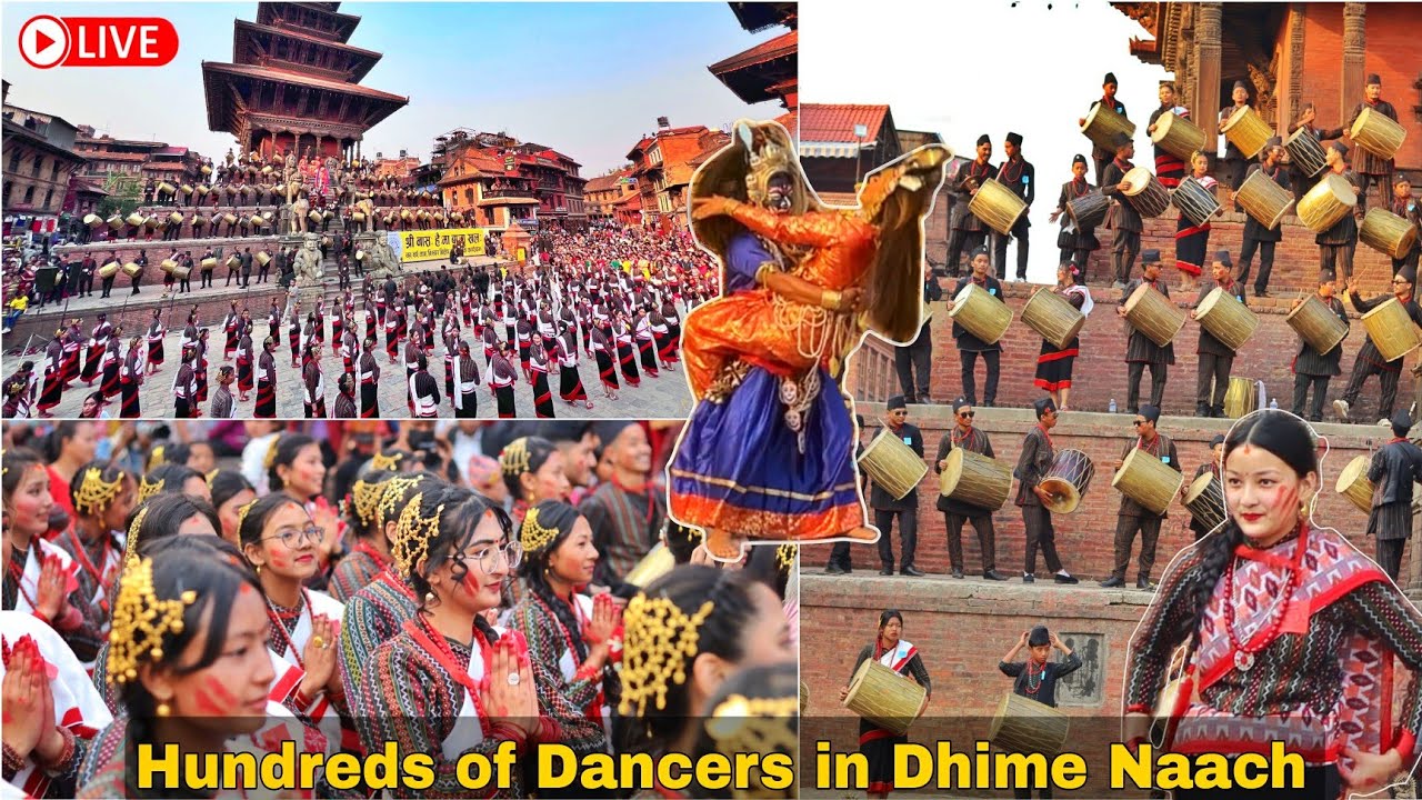 Hundreds of Dancers performing Dhime Dance at Bhaktapur Durbar Square ...