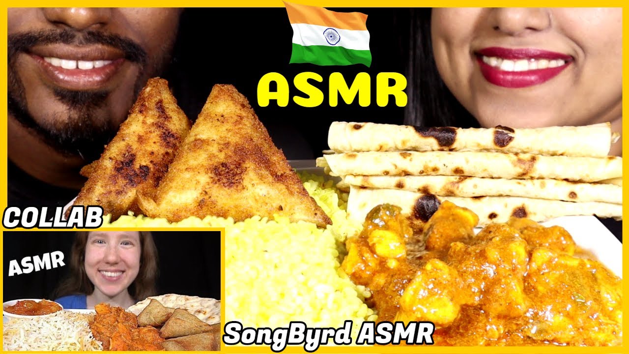 ASMR EATING INDIAN FOOD CHICKEN TIKKA MASALA, SAMOSA, NAAN, RICE ...