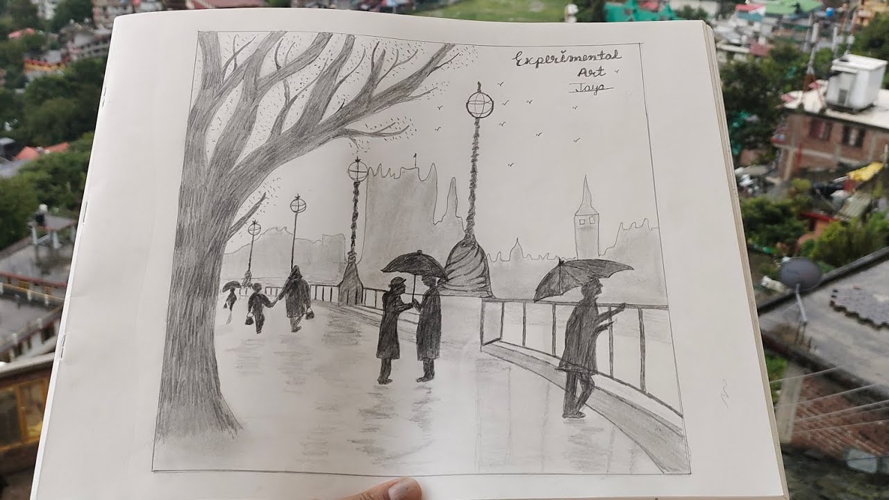 how to draw scenery ||raining drawing pencil ||raining drawing scenery ...