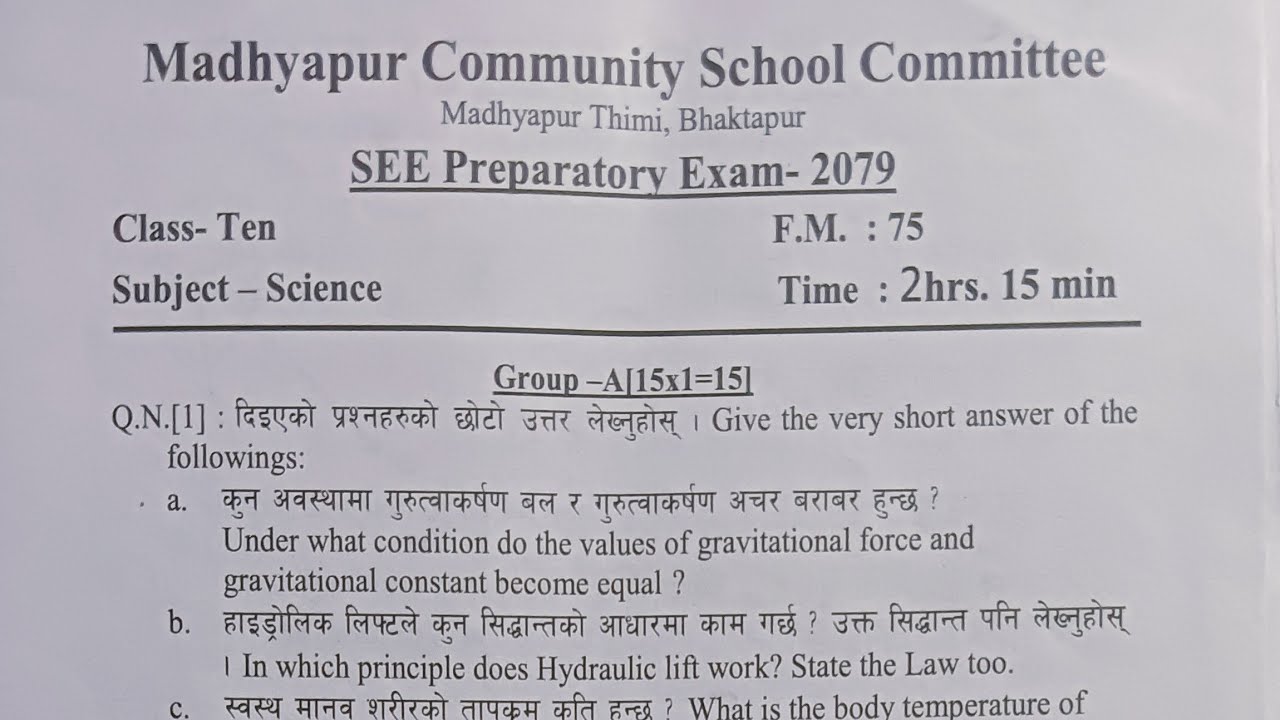 Latest Science for SEE 2079 ,Question from Madhyapur Community School ...