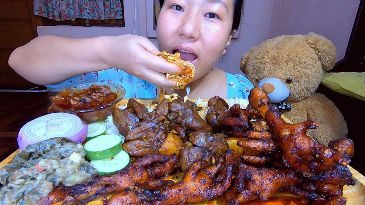 Chicken Liver Curry And Spicy Fried Chicken Feet, Rice, Eromba, Giant ...