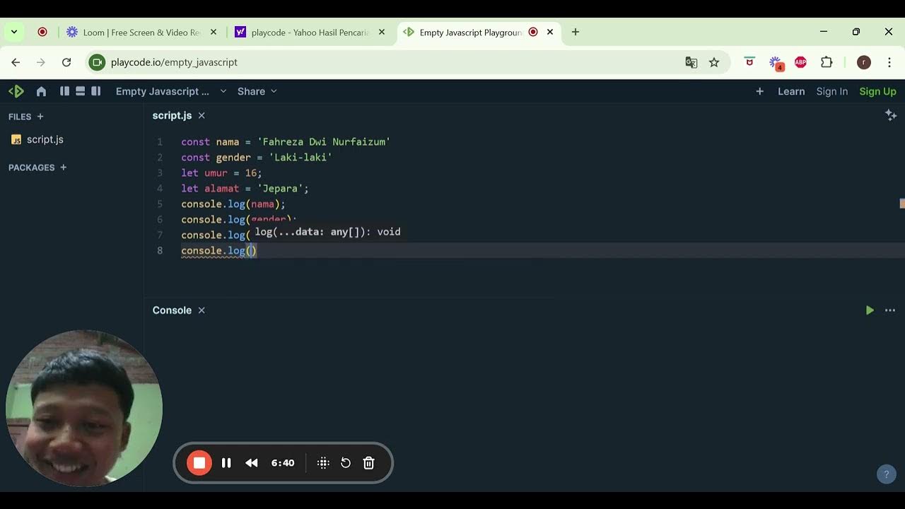 belajar data statis dan data dinamis mengunakan JavaScript di playcode - YouTube