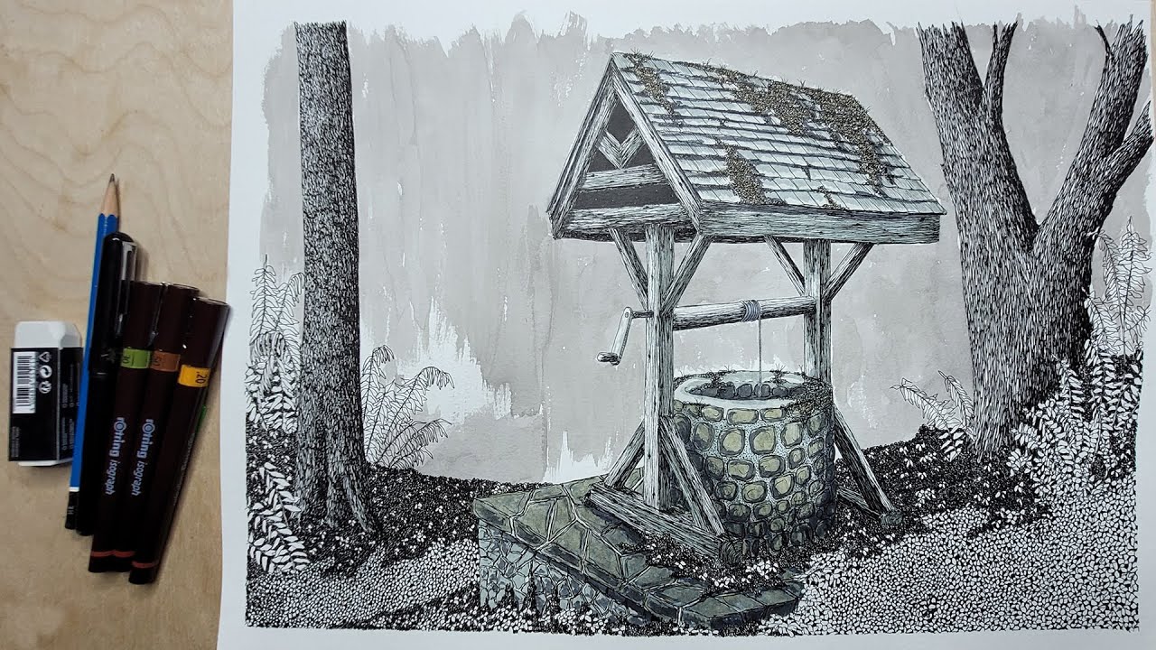 Drawing a Wishing Well in Ink Pen on Watercolor Paper - YouTube