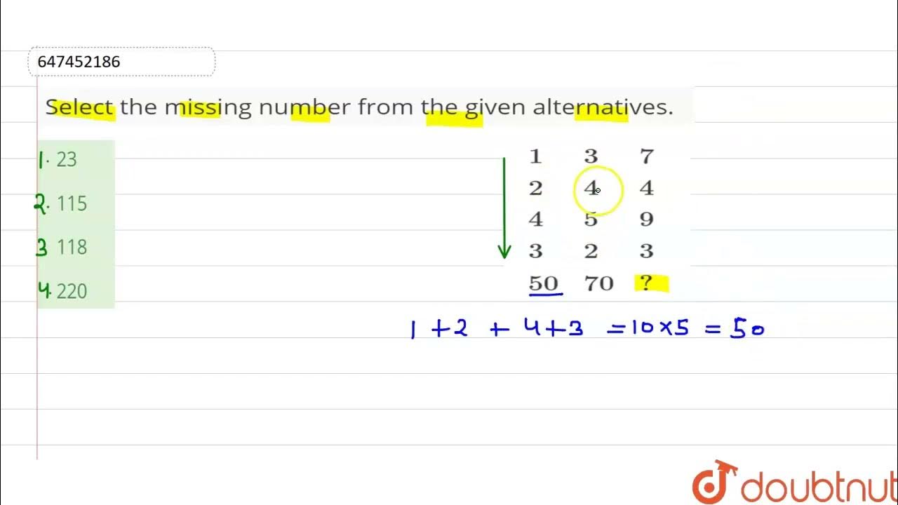 Select the missing number from the given alternatives. {:(1,3,7),(2,4,4),(4,5,9),(3,2,3),(50,70 ...