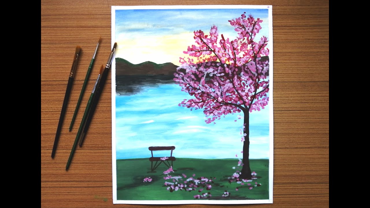 Poster colour Landscape painting with cherry blossom tree | Alive Arts ...