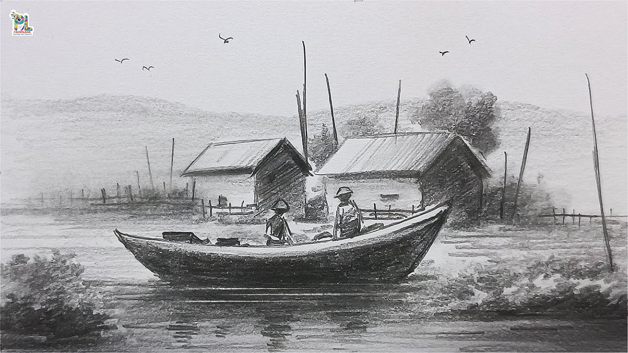 How to draw Fisher men on Boat in Scenery Art - YouTube