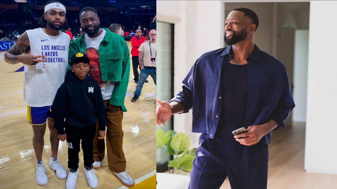 Dwayne wade steps out with his youngest son Xavier for a lakers game ...