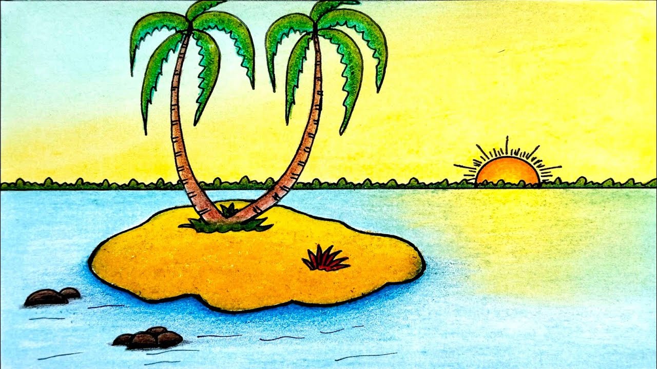 How to Draw Beautiful Island 🏝️ Scenery Drawing | Realistic Prakritik ...