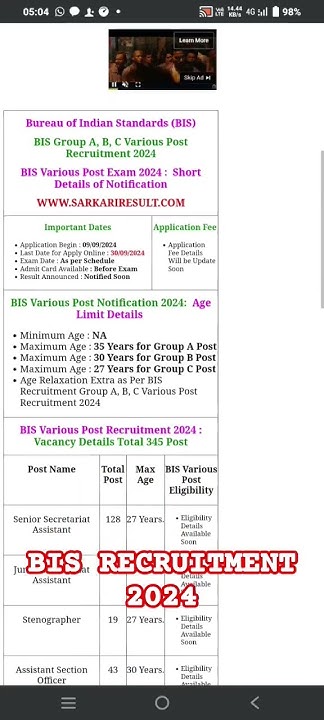 Bureau of Indian Standards BIS Group A, B and C Recruitment #job #shorts #viralvideo #govtjobs ...