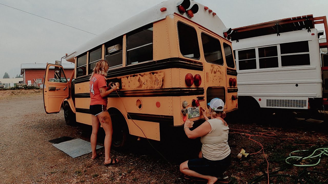 Sanding The Short Bus For Paint - Skoolie Conversion - YouTube